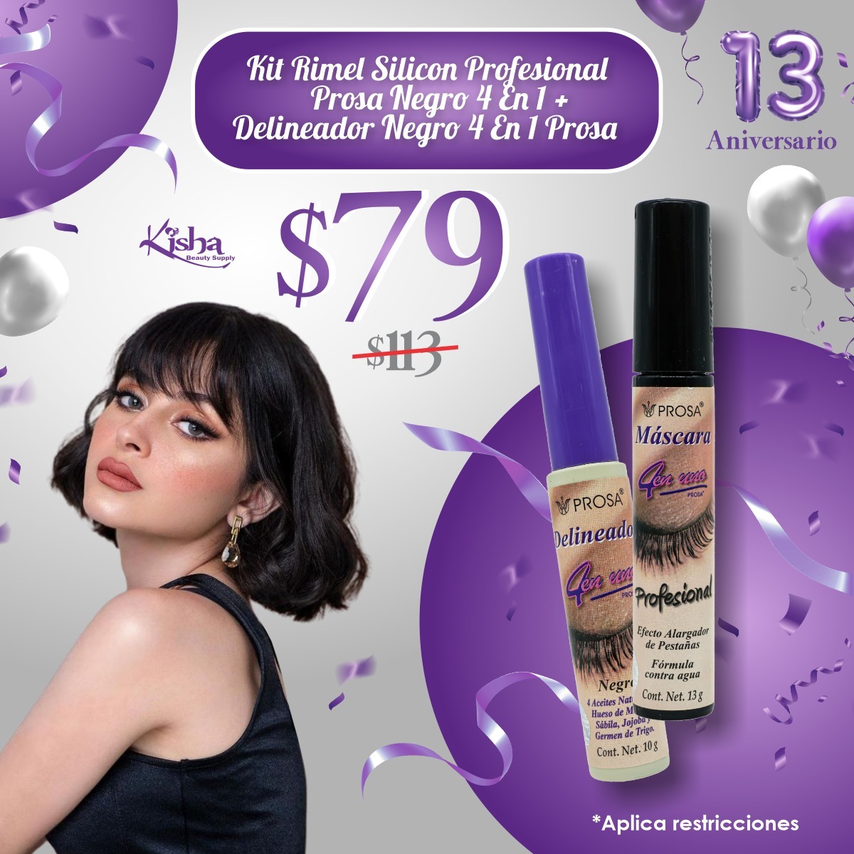Kit Rimel silicon Profesional Prosa Negro 4 En 1 + Delineador Negro 4 ...